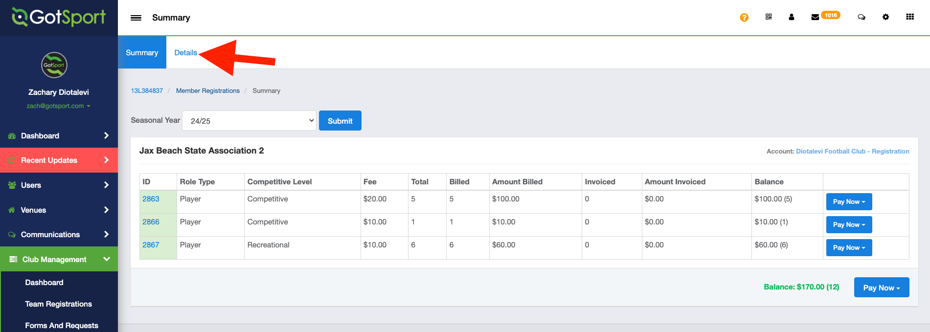 As a Club Admin - How to Purchase an Individual Player Pass
