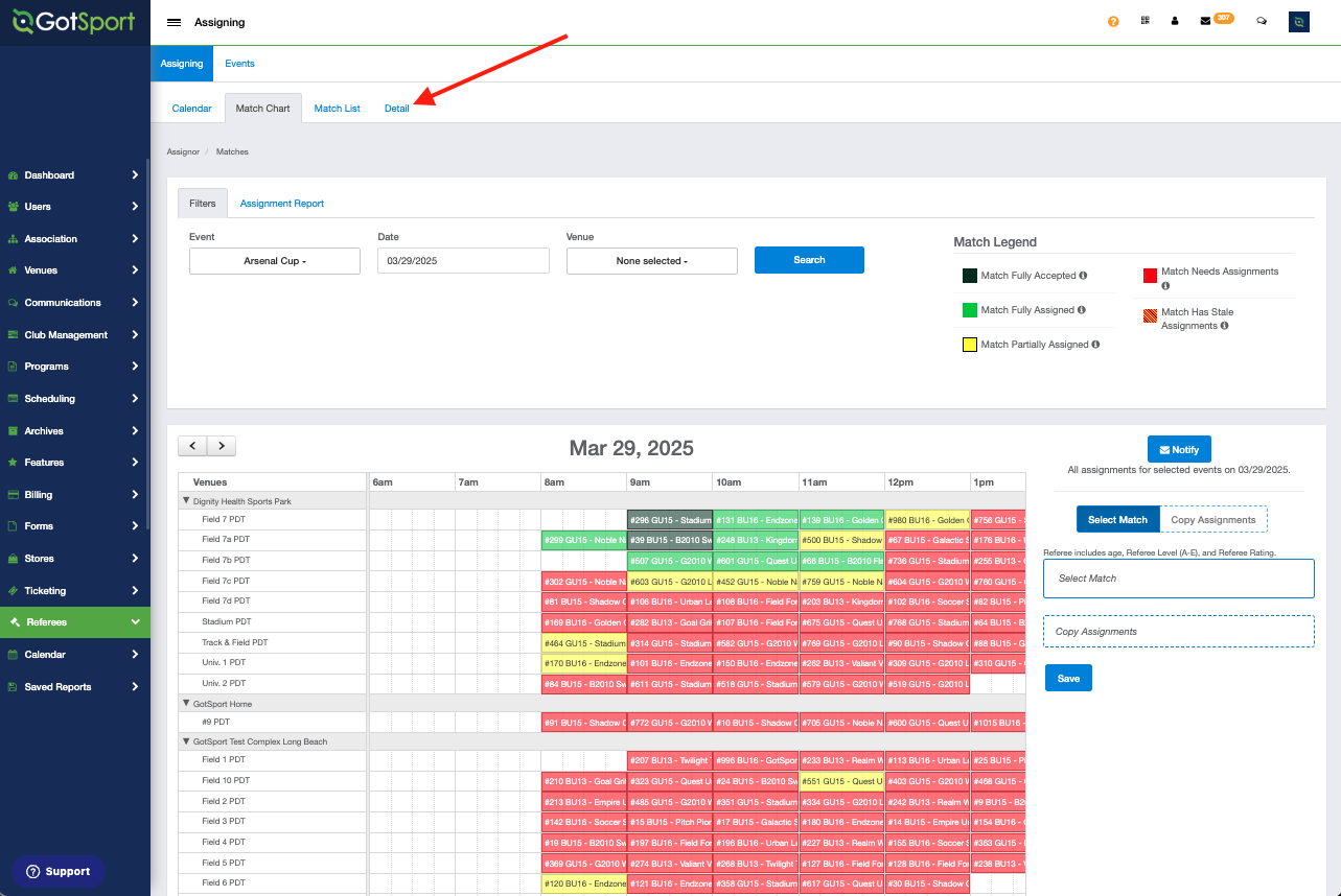 Assignors - How to assign Referees using the Detail tool